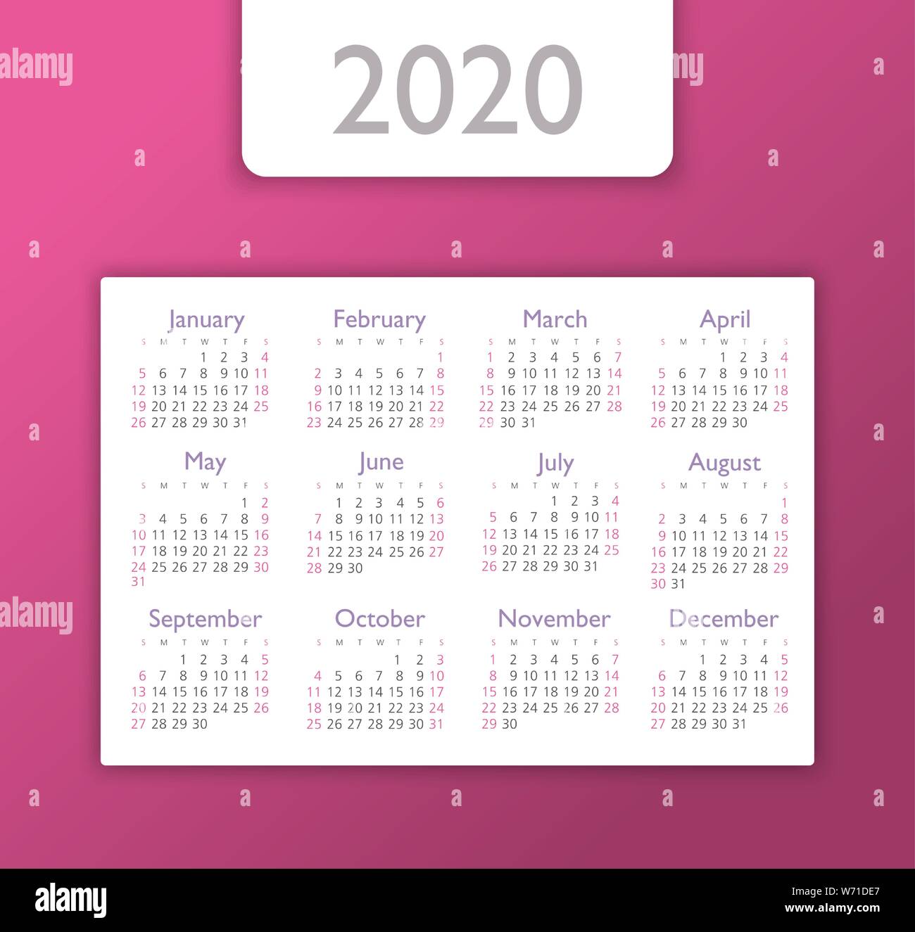 Calendar 2020 year. Color vector template. Week starts on Sunday. Basic ...