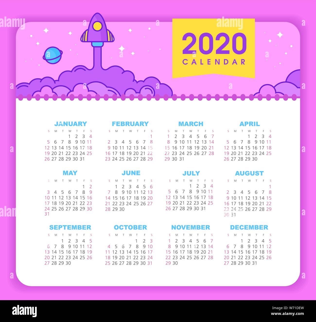 Calendar 2020 year with rocket. Color vector template. Week starts on ...