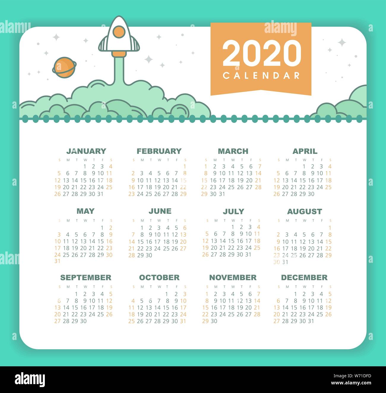 Calendar 2020 year with rocket. Color vector template. Week starts on ...