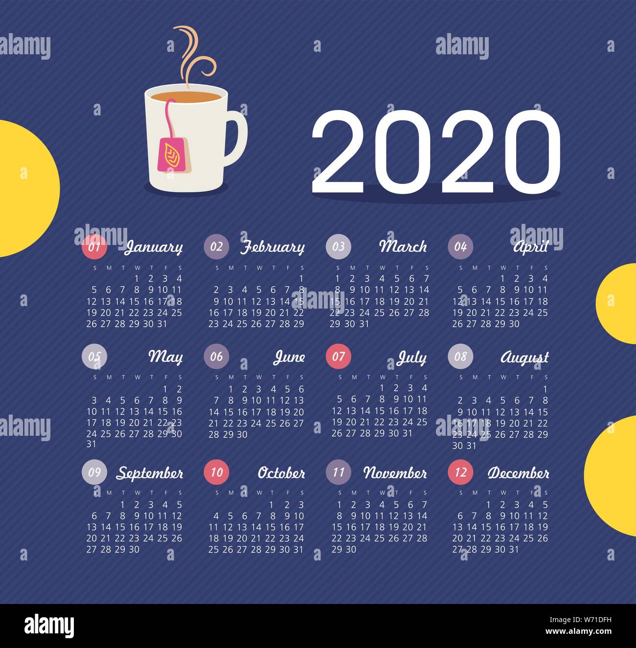 Calendar 2020 year with cup of tea. Color vector template. Week starts ...