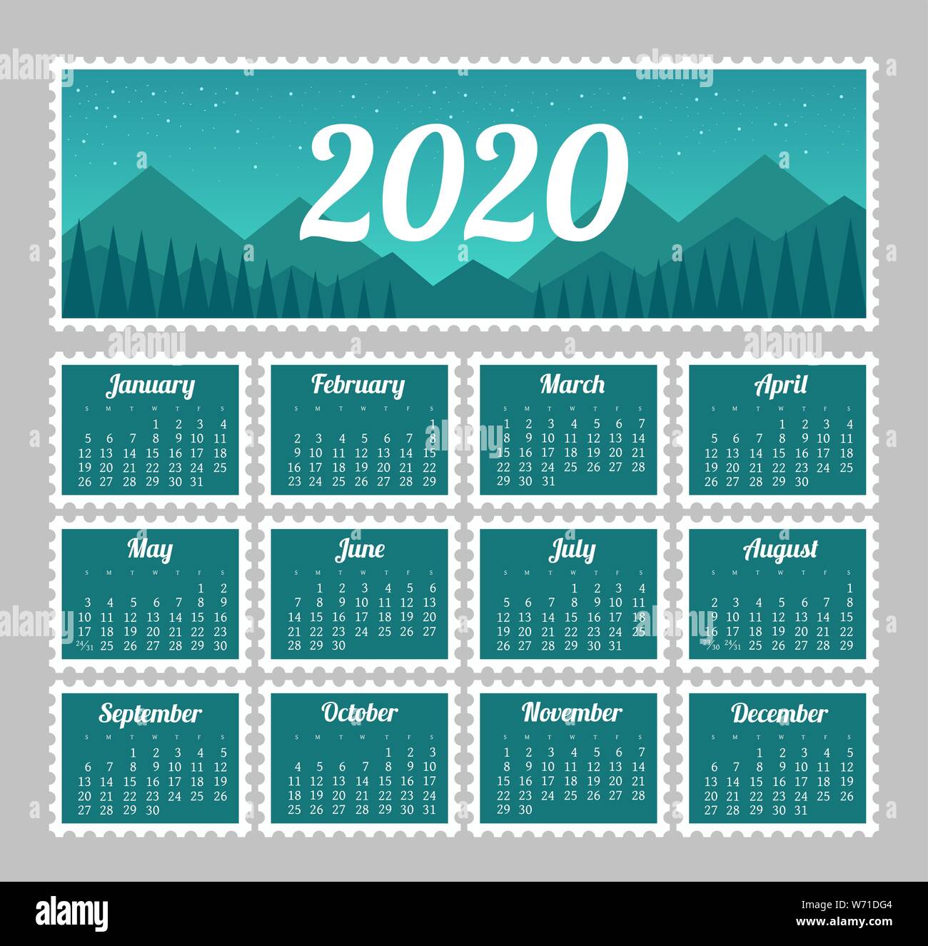 Calendar 2020 year with Mountain Landscape. Color vector template. Week ...