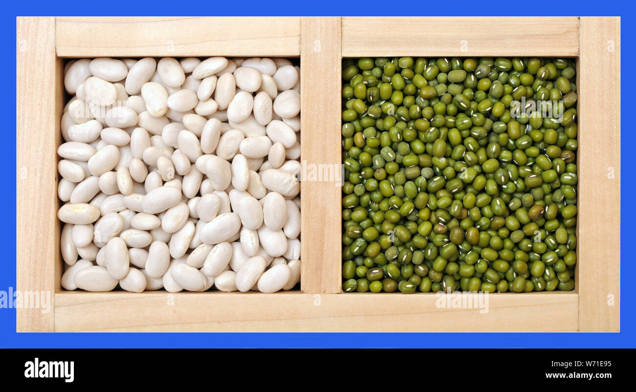 navy and mung bean in wooden box Stock Photo - Alamy