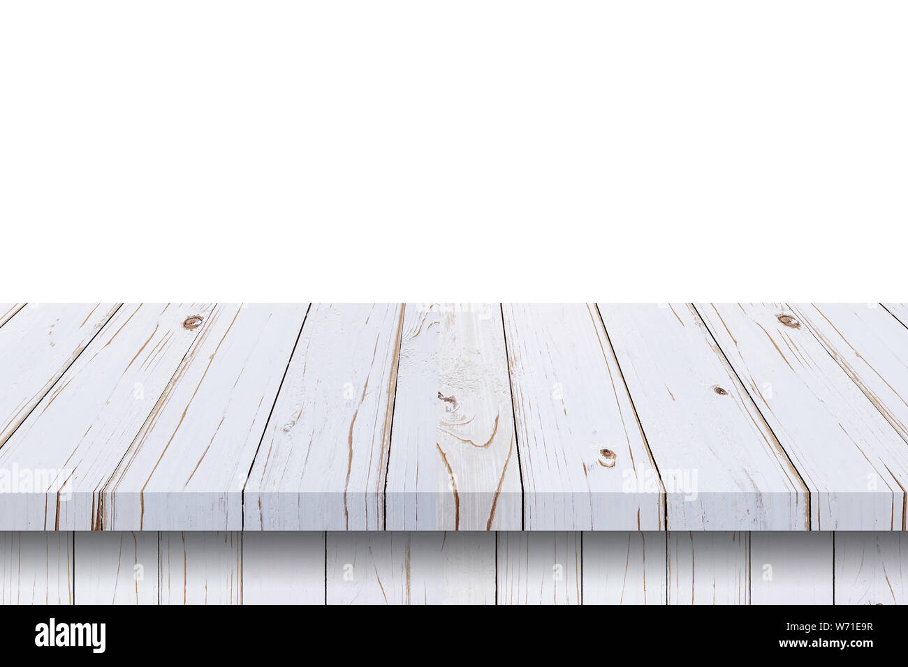 Empty white wood table on isolate white background and display montage ...