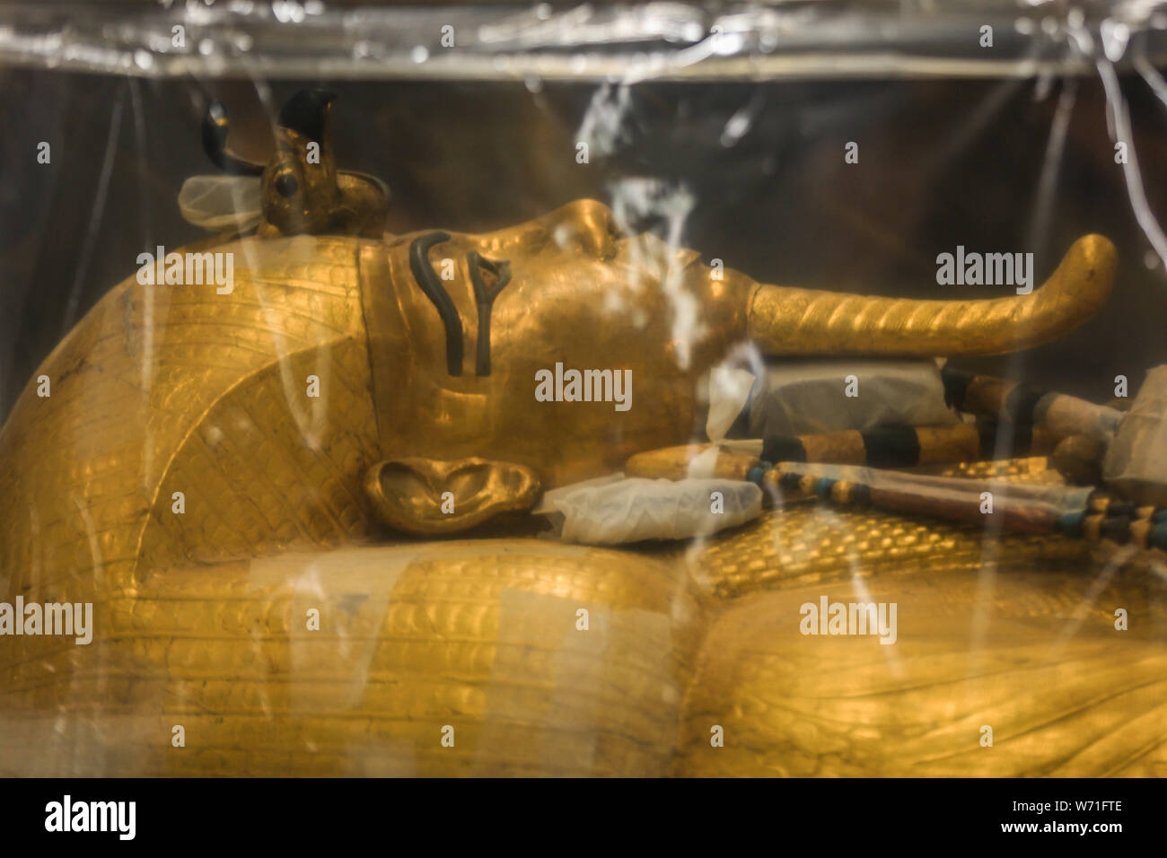 Giza, Egypt. 04th Aug, 2019. A view of the gilded coffin of King ...