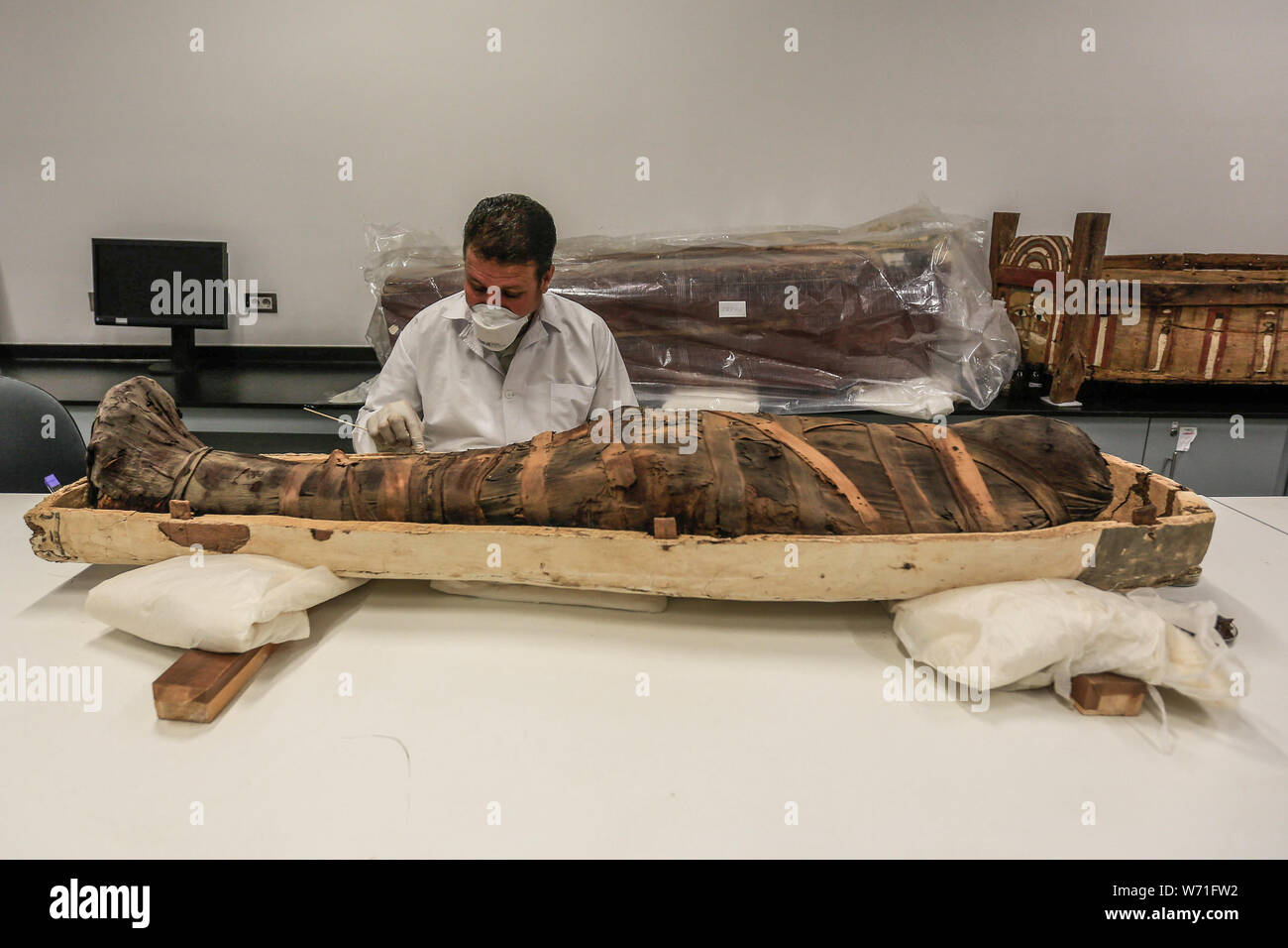 Giza, Egypt. 04th Aug, 2019. An Egyptian archaeologist works on a mummy ...