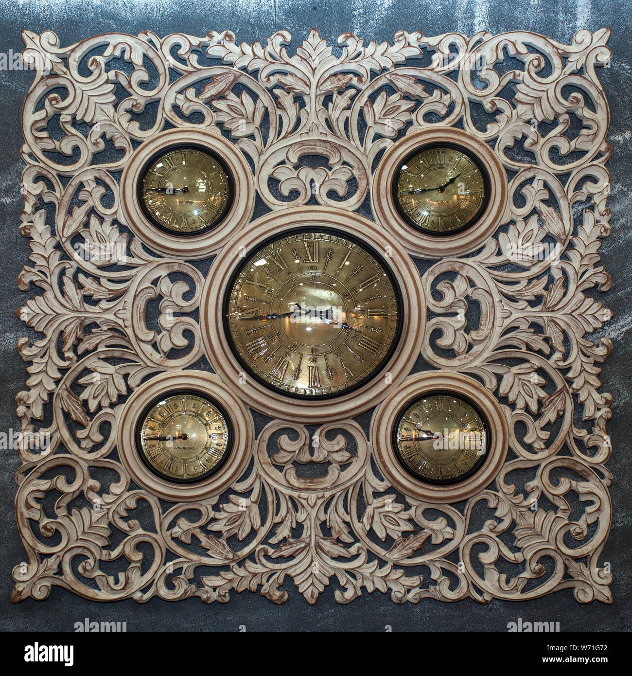 retro stylish clocks with metalic decorative elements, close-up Stock ...