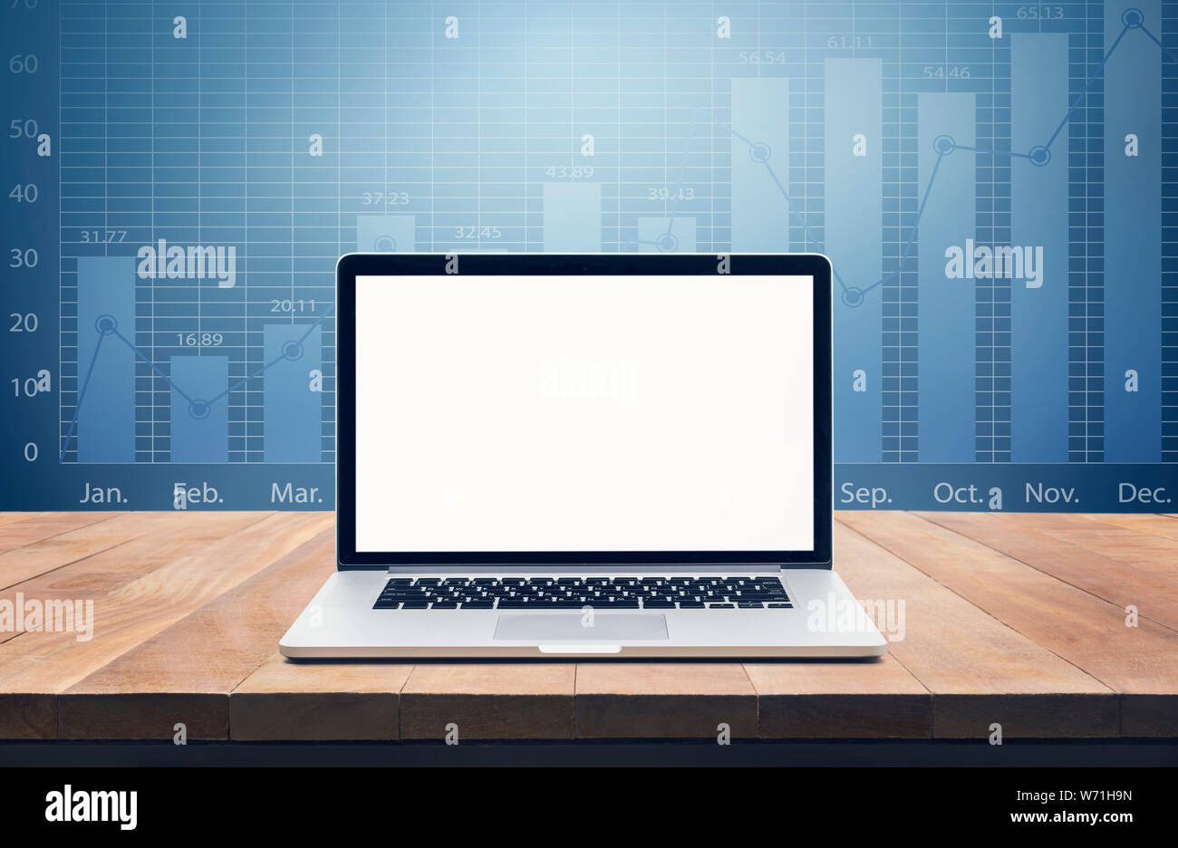 Modern computer,laptop with blank screen on business graph chart ...