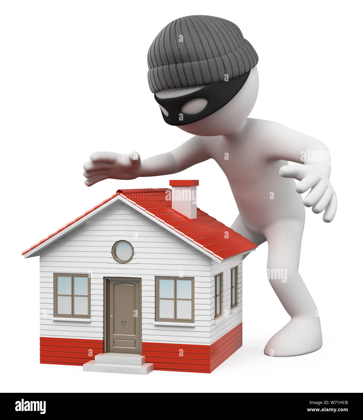 3d white people illustration. Thief spying a house to steal. Isolated ...