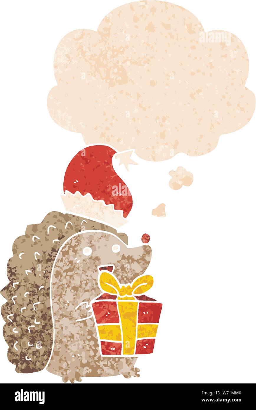 cartoon hedgehog wearing christmas hat with thought bubble in grunge ...