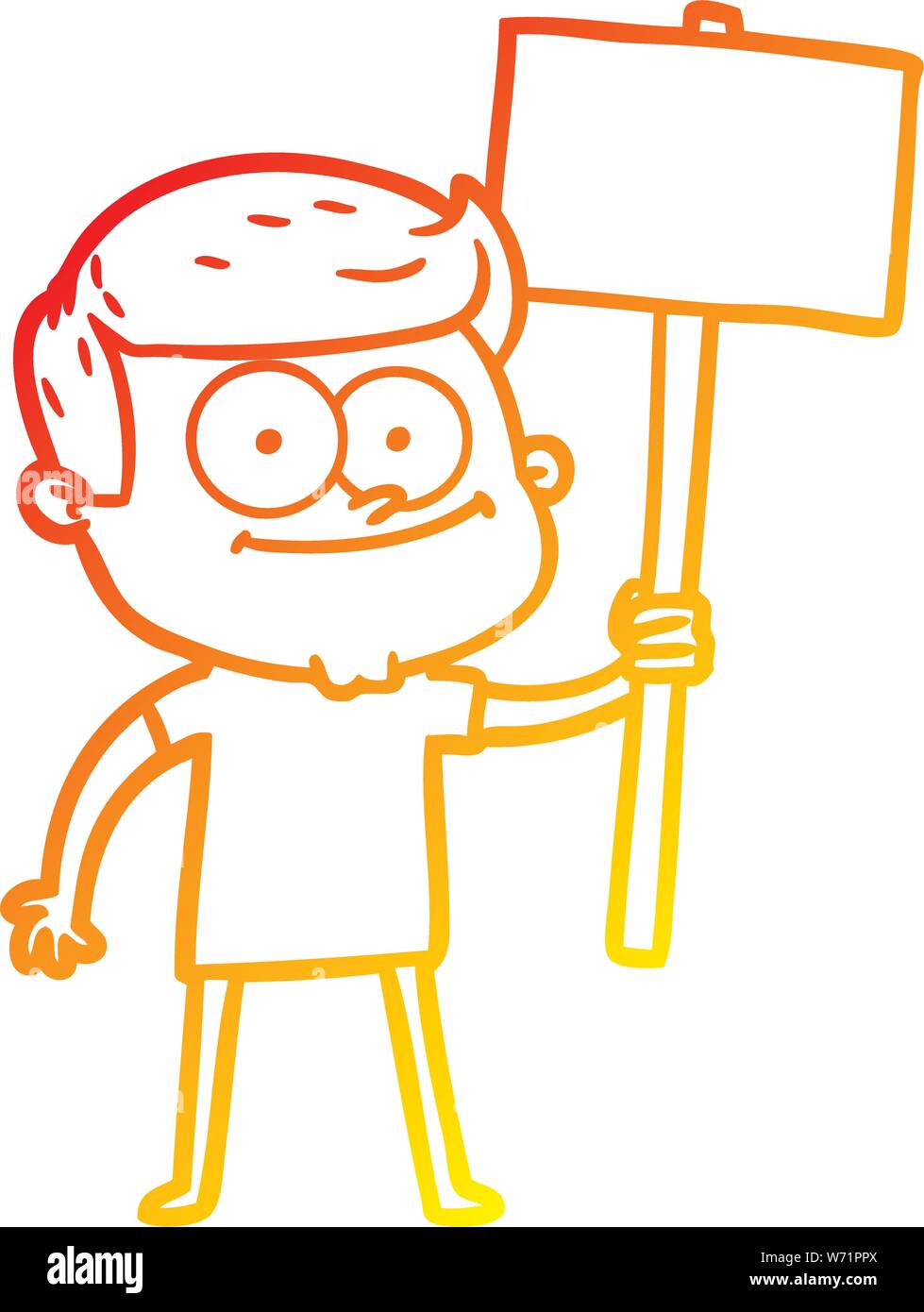 warm gradient line drawing of a cartoon happy man with placard Stock ...
