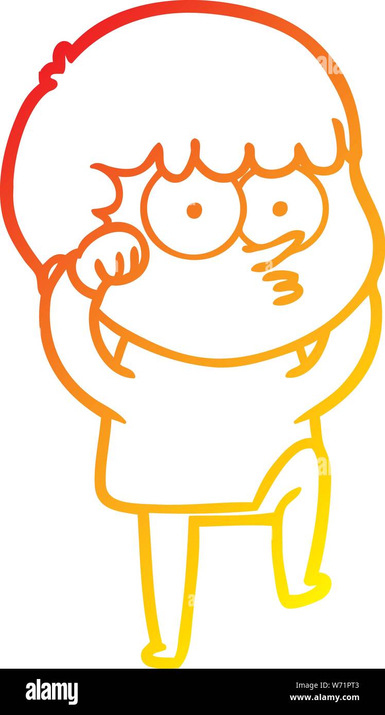 warm gradient line drawing of a cartoon curious boy rubbing eyes in ...
