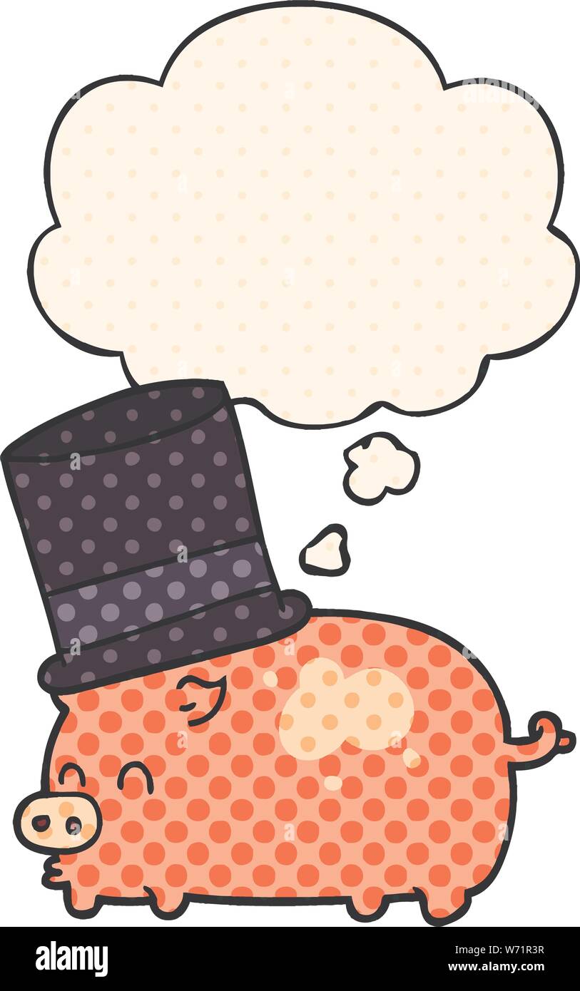 cartoon pig wearing top hat with thought bubble in comic book style ...