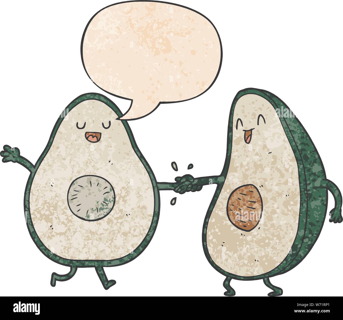 cartoon dancing avocados with speech bubble in retro texture style ...