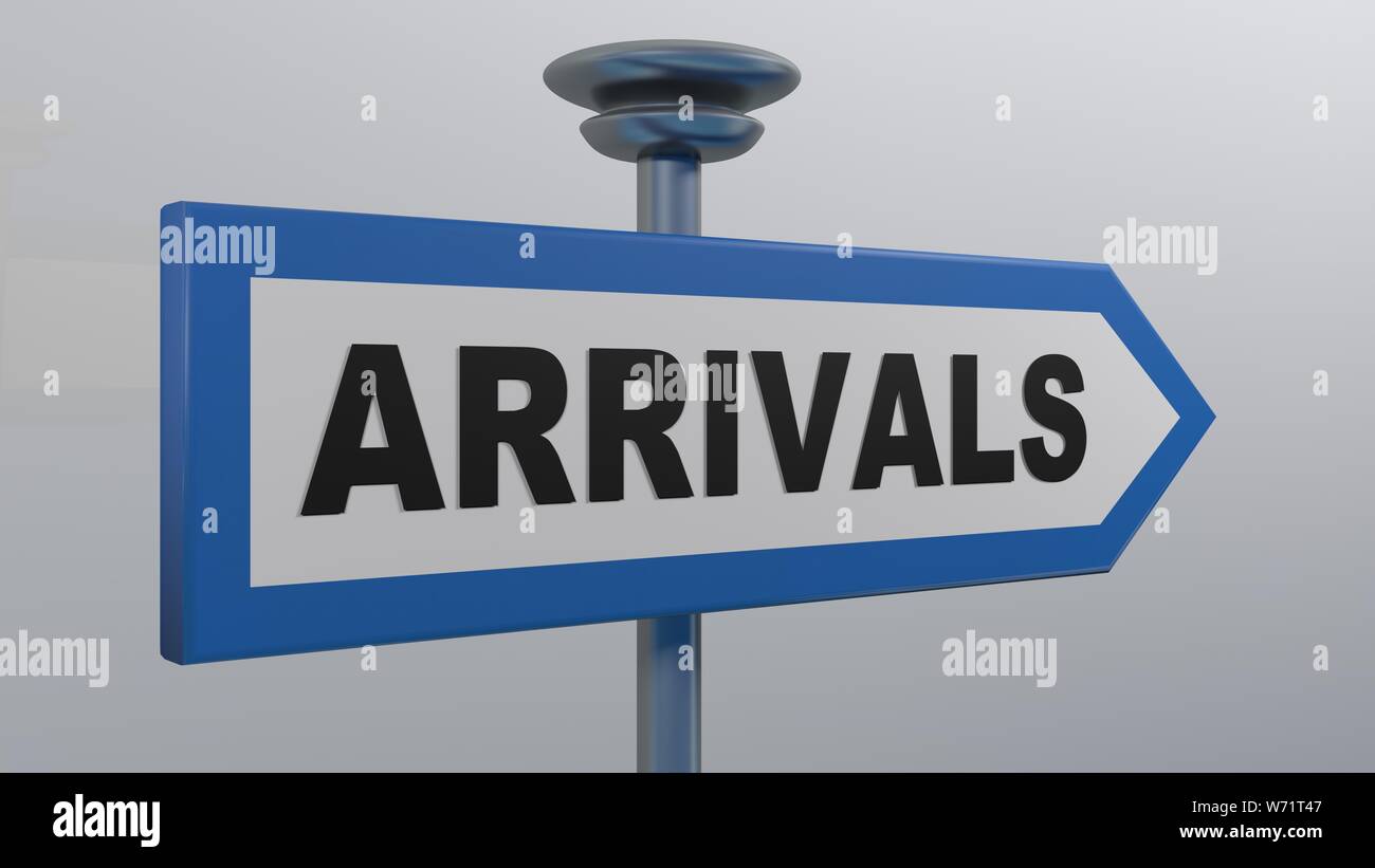 Blue street arrow sign ARRIVALS - 3D rendering illustration Stock Photo ...