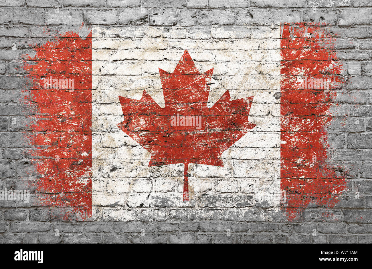 Grunge distressed flag of Canada painted on old weathered grey brick ...