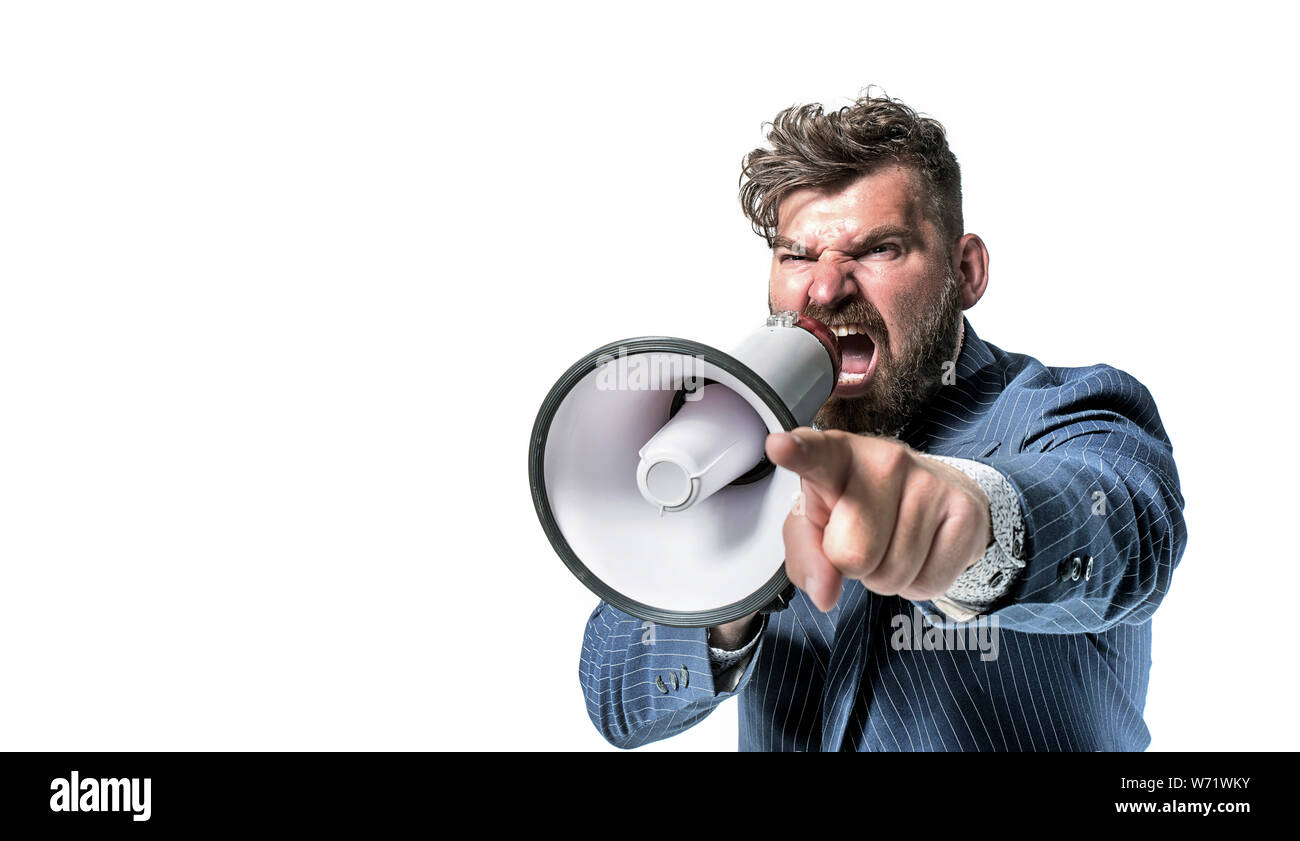 Portrait of an angry leader screaming with a megaphone Stock Photo - Alamy