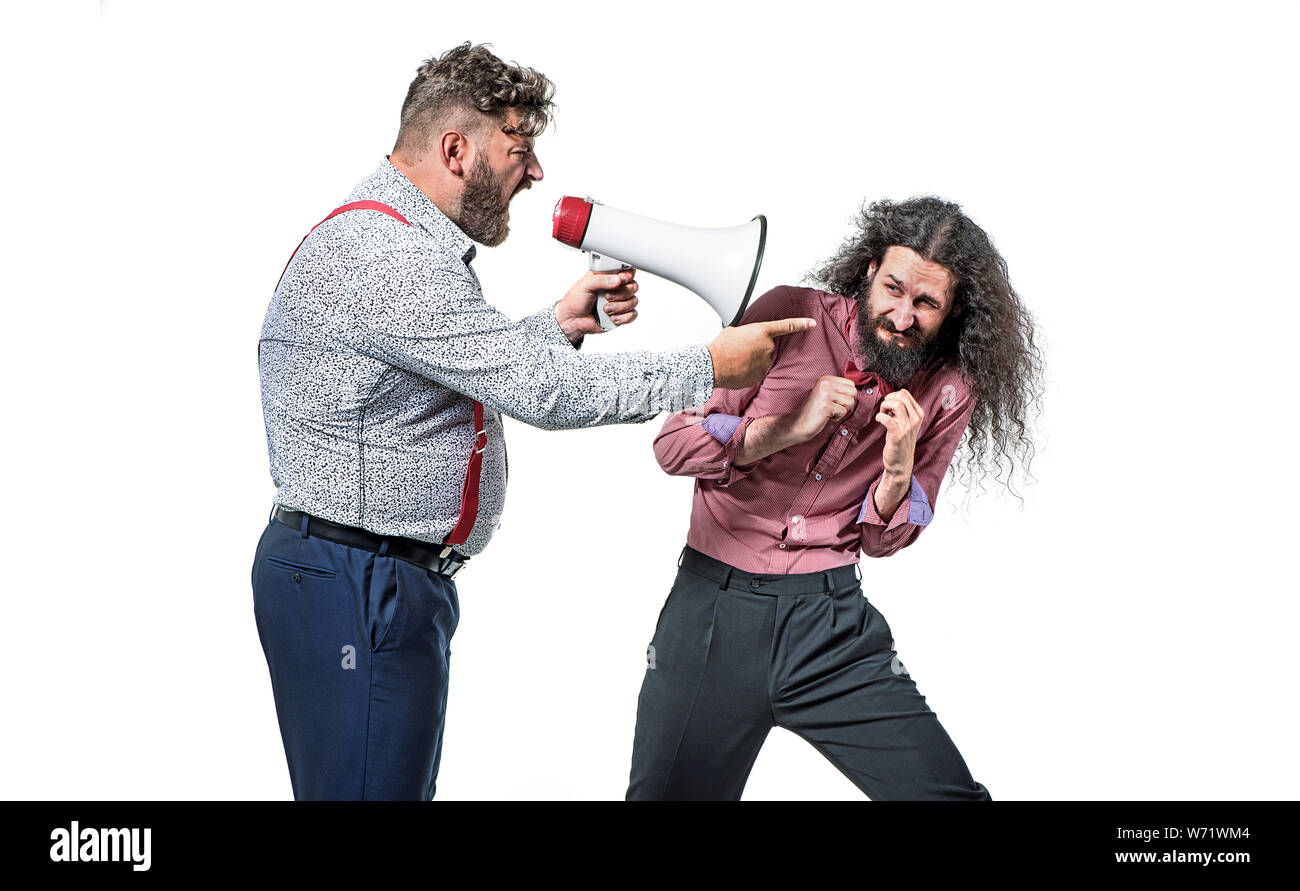Angry boss yelling at his employee with a megaphone Stock Photo - Alamy