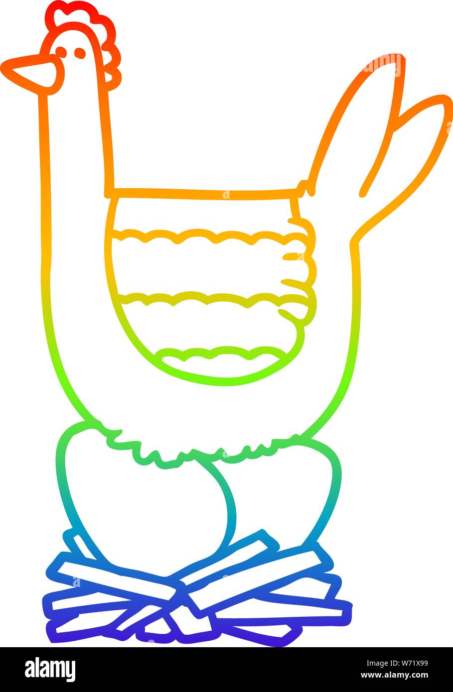 rainbow gradient line drawing of a cartoon chicken sitting on eggs in ...