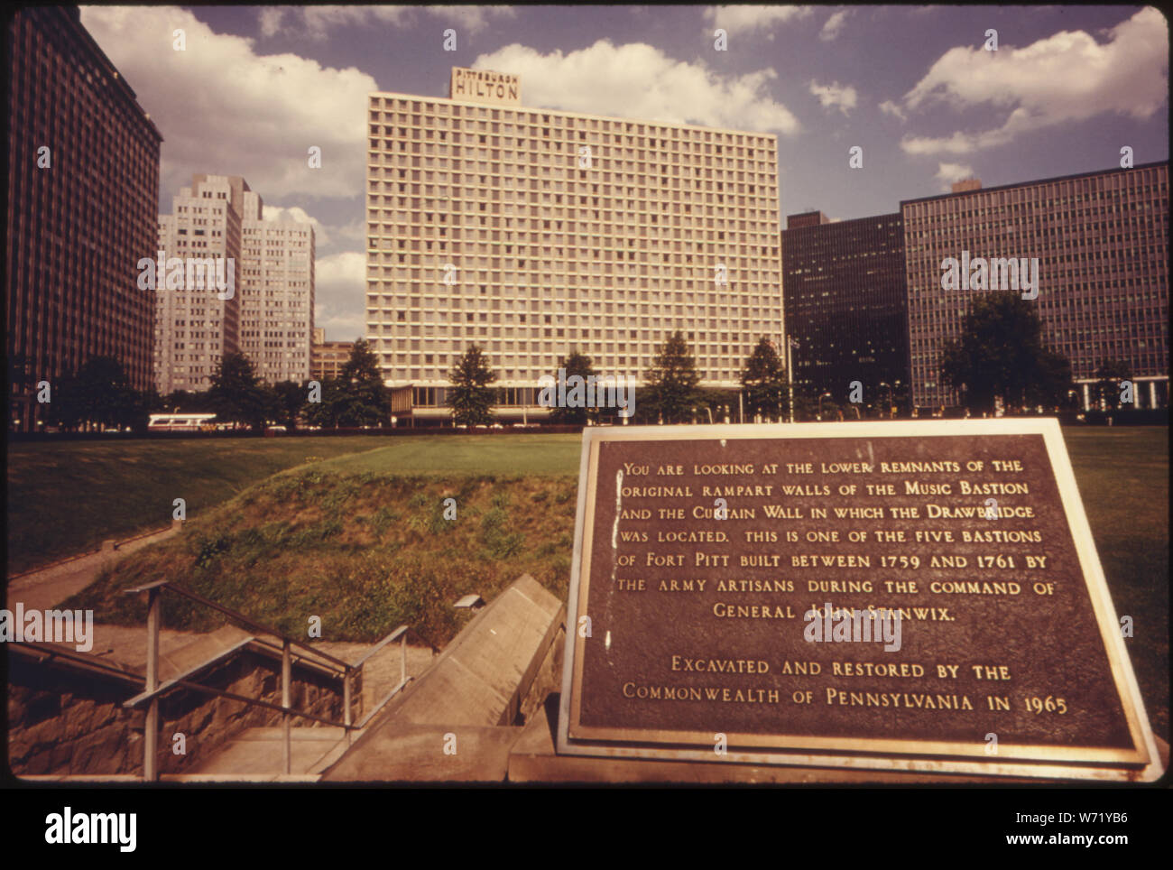 BASTIONS OF HISTORIC FORT PITT ARE MARKED BY A PLAQUE IN THE GATEWAY ...