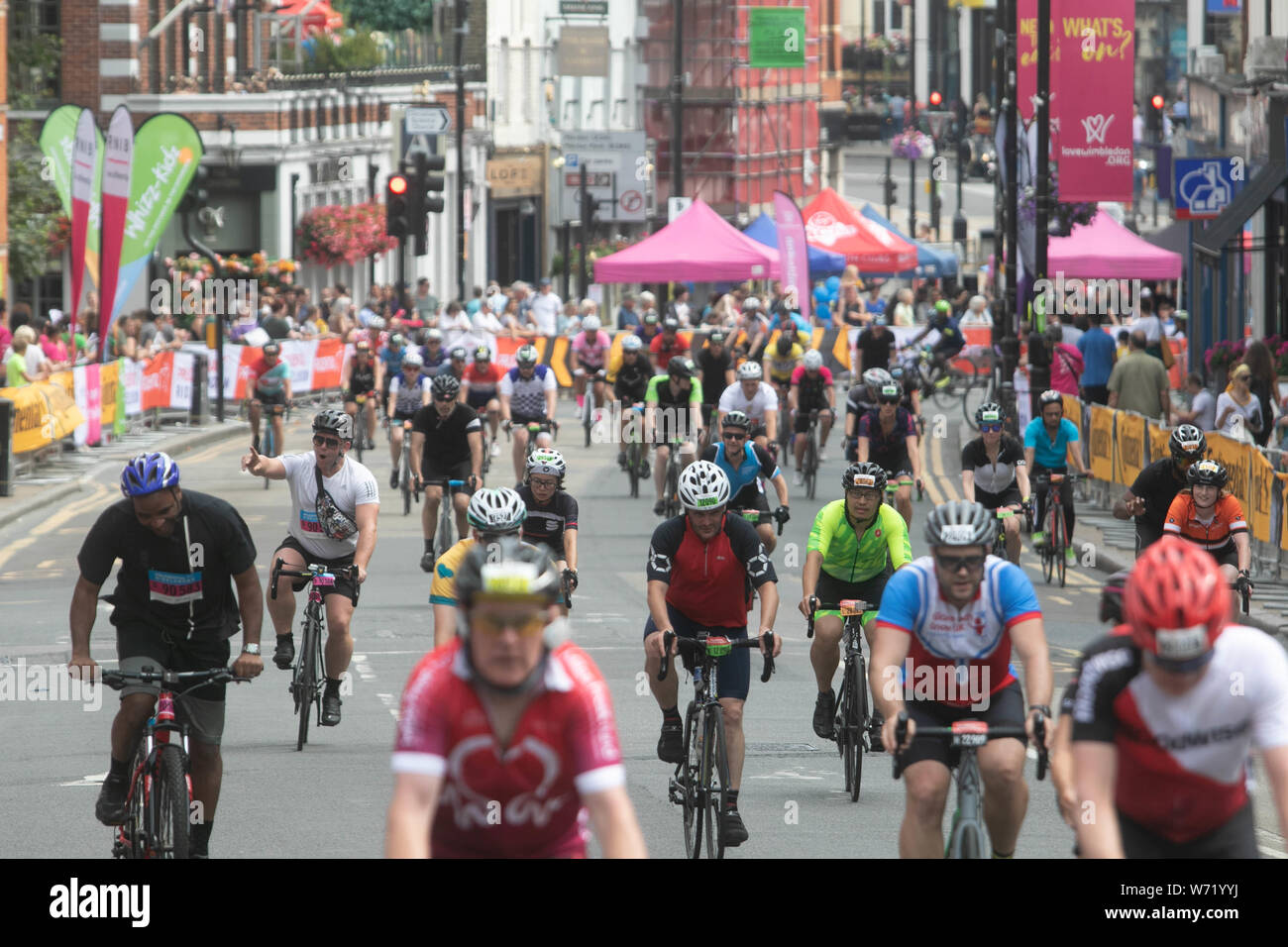 Wimbledon London, UK. 4th August 2019. Hundreds of cyclists climb ...