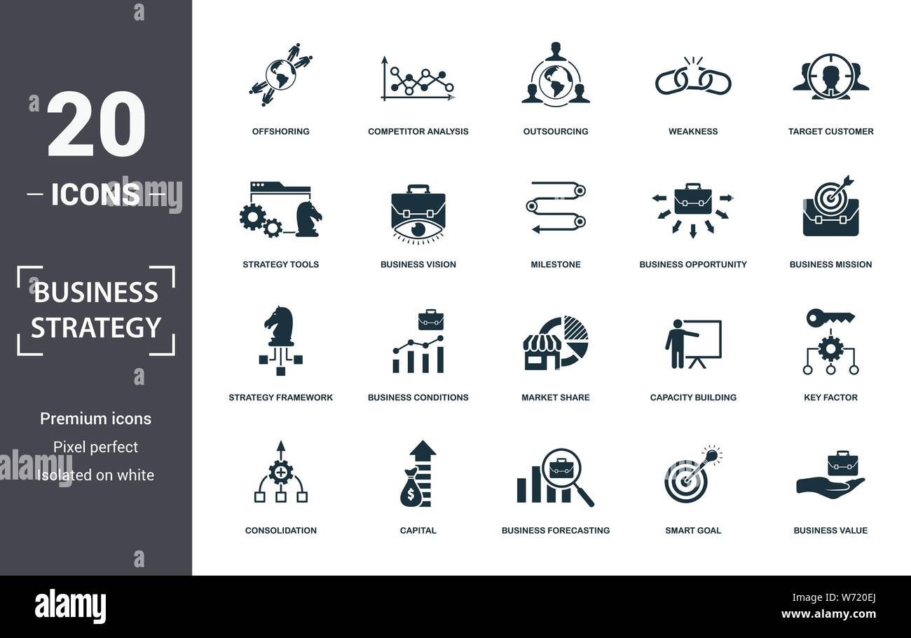 Business Strategy icon set. Contain filled flat business vision ...