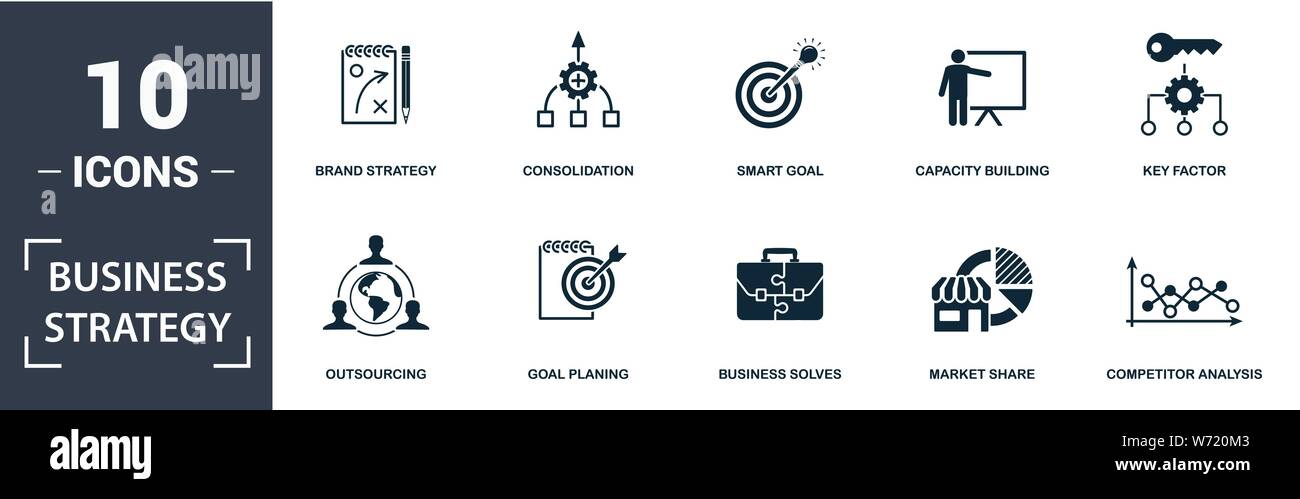 Business Strategy icon set. Contain filled flat business solves, brand ...