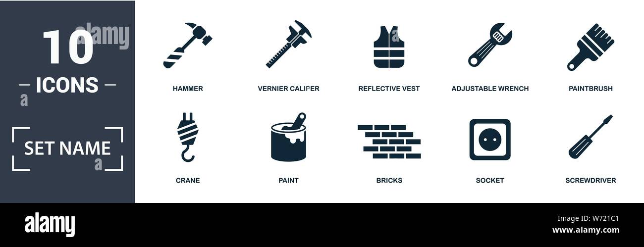 Construction Tools icon set. Contain filled flat paintbrush, reflective ...