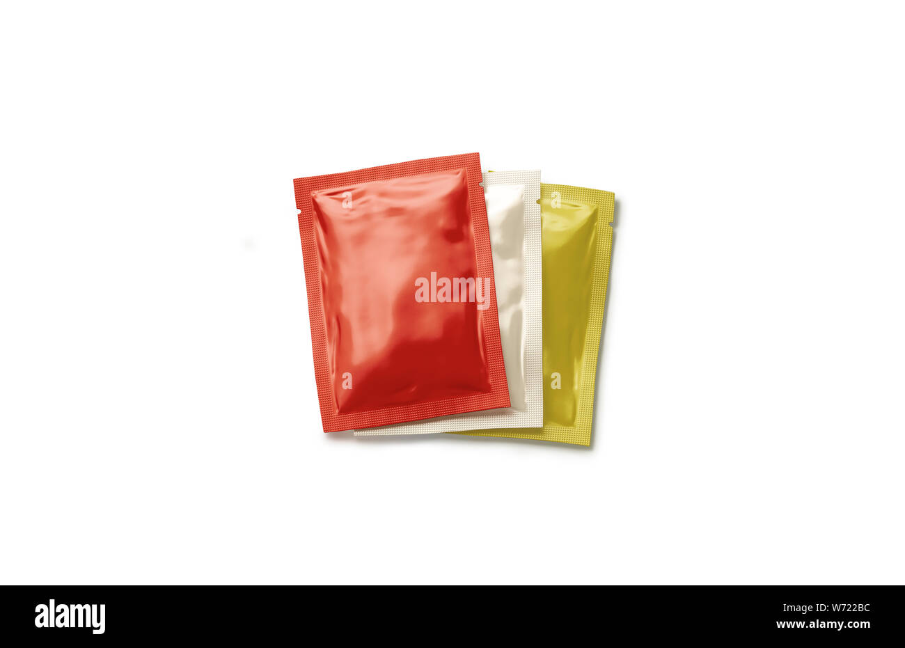 Blank red, beige and yellow sachet packet stack mockup set, 3d ...