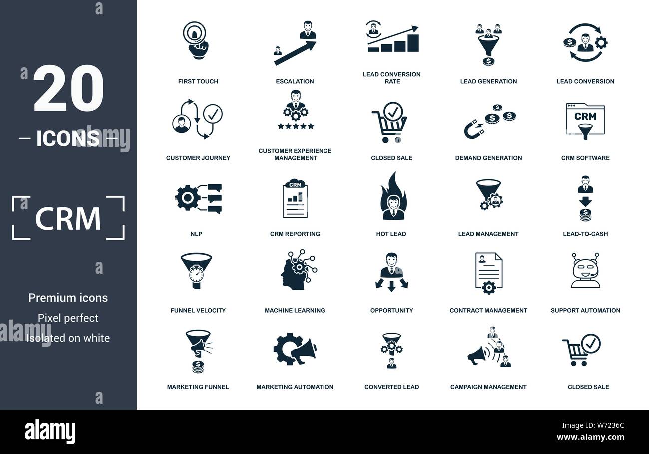 Crm icon set. Contain filled flat campaign management, closed sale ...