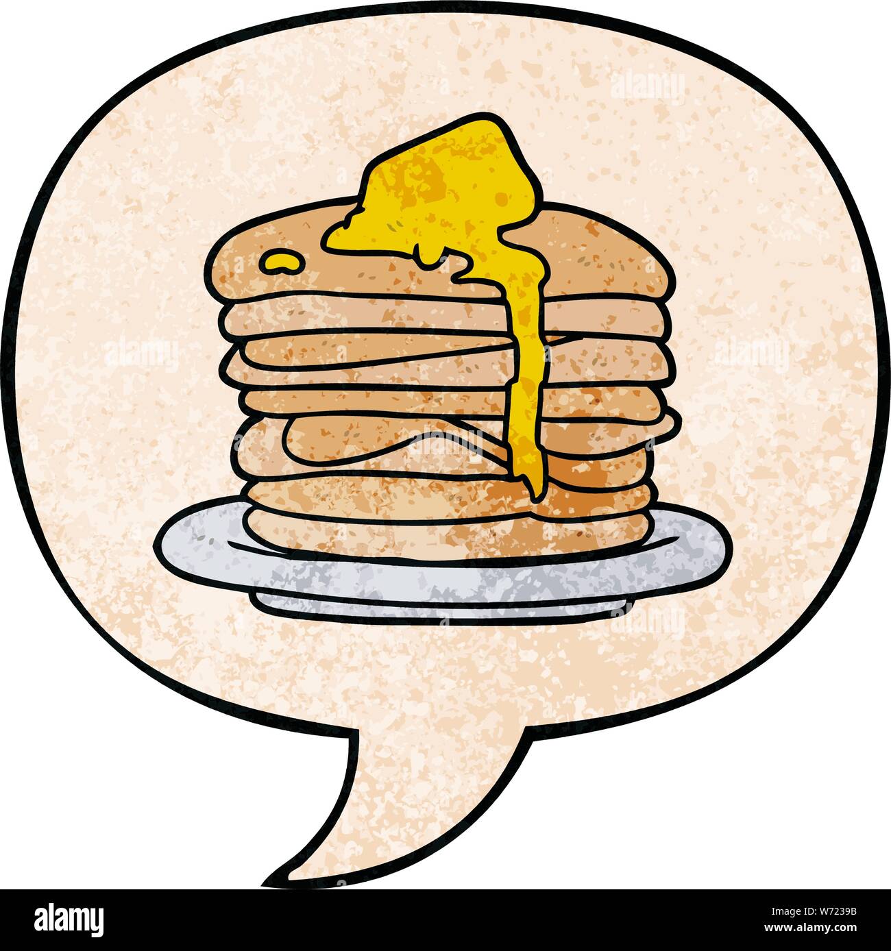 cartoon stack of pancakes with speech bubble in retro texture style ...
