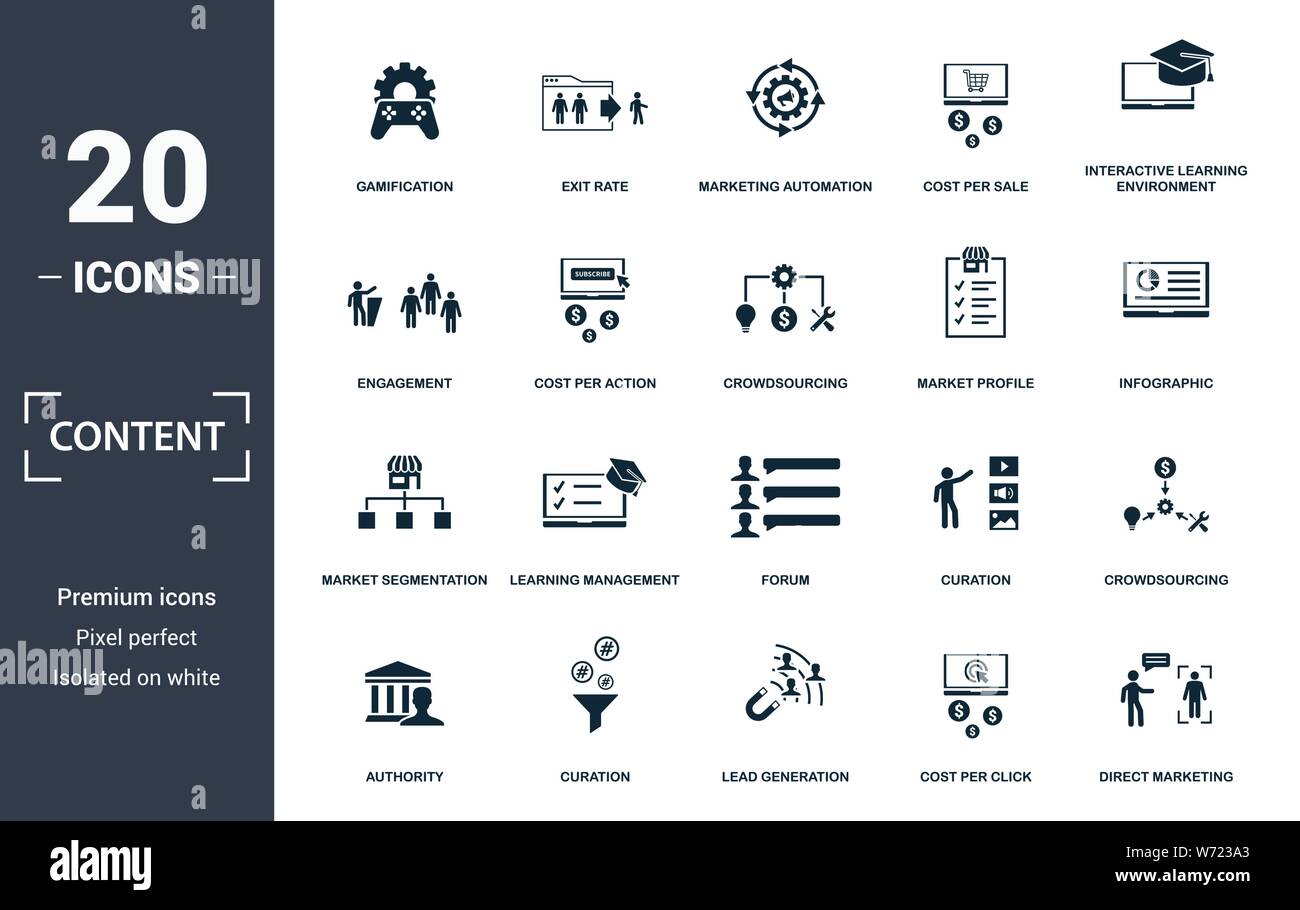 Content icon set. Contain filled flat cms, content plan, content ...