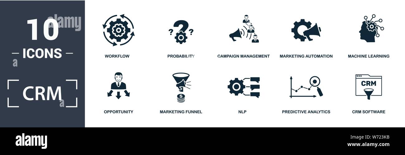 Crm icon set. Contain filled flat machine learning, marketing ... Crm icon set. Contain filled flat machine learning, marketing ...