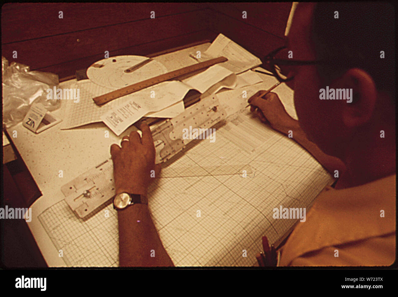 Calculating by slide rule Stock Photo - Alamy