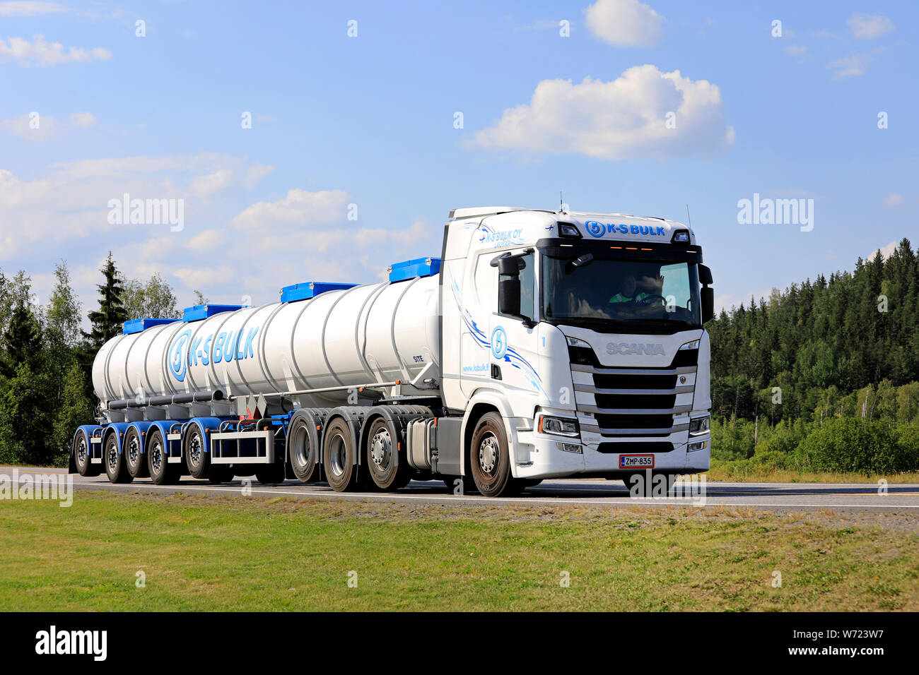 White Next generation Scania R500 with long multi-axle semi trailer K-S ...