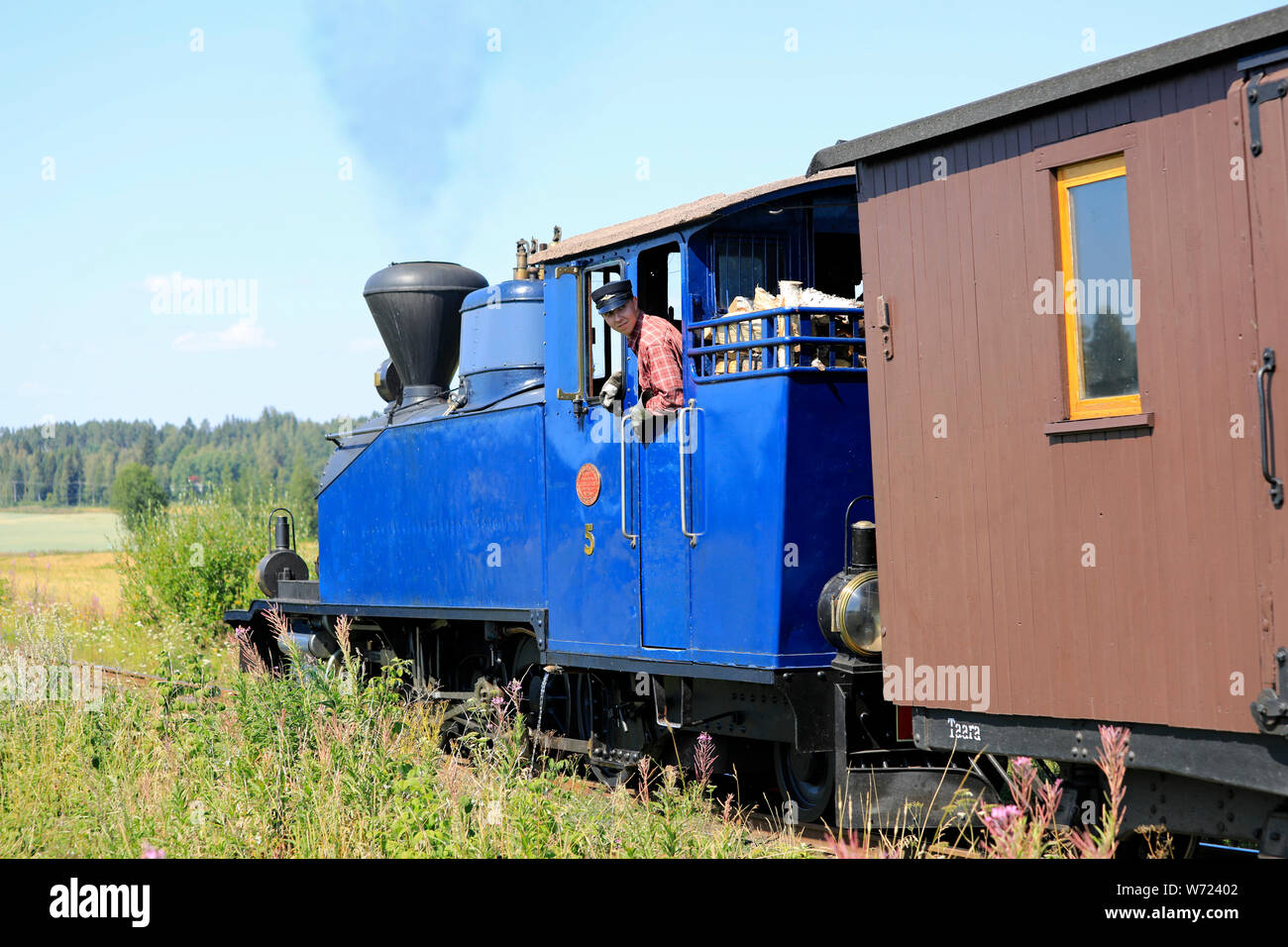 Steam locomotive driver looking out the window. Finnish manufactured ...