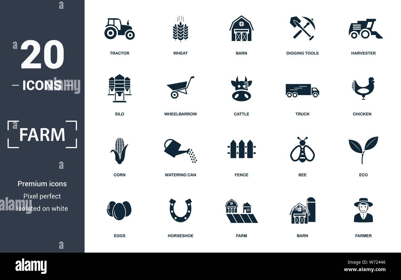 Farm icon set. Contain filled flat tractor, barn, harvester ...