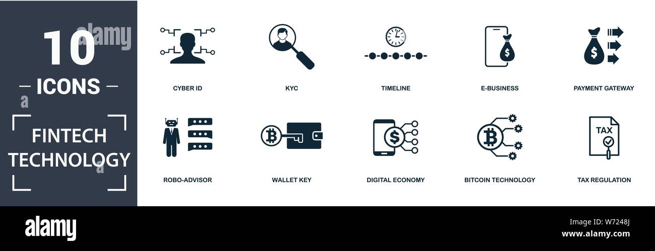 Fintech Technology icon set. Contain filled flat robo-advisor, tax ...