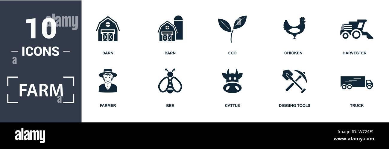 Farm icon set. Contain filled flat digging tools, harvester, truck ...