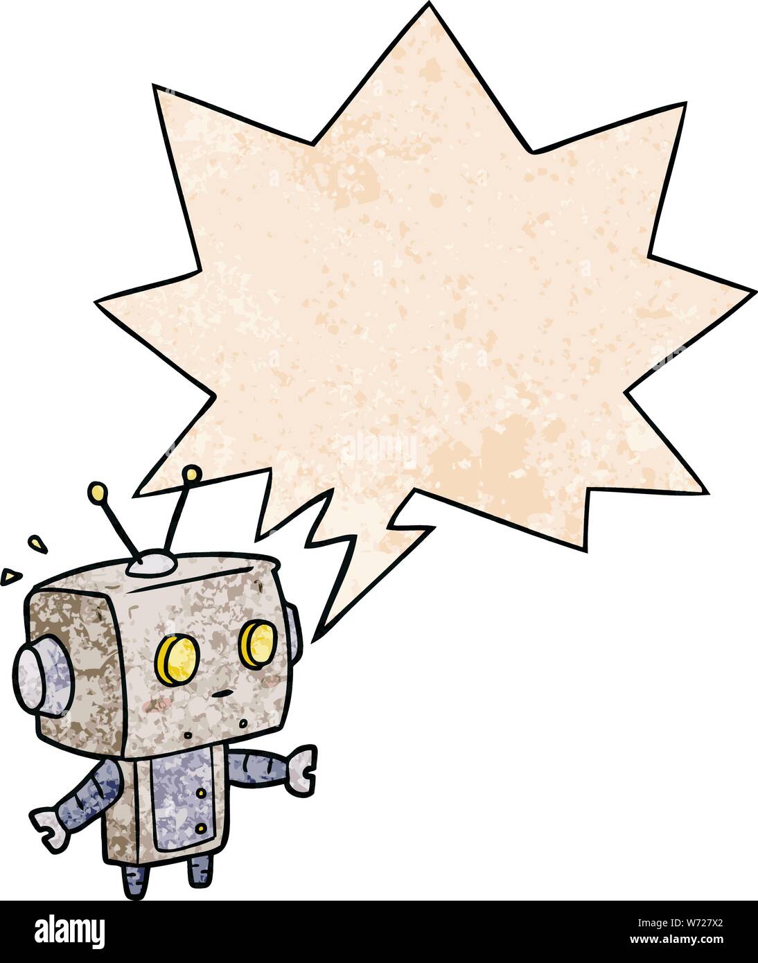 cute cartoon surprised robot with speech bubble in retro texture style ...