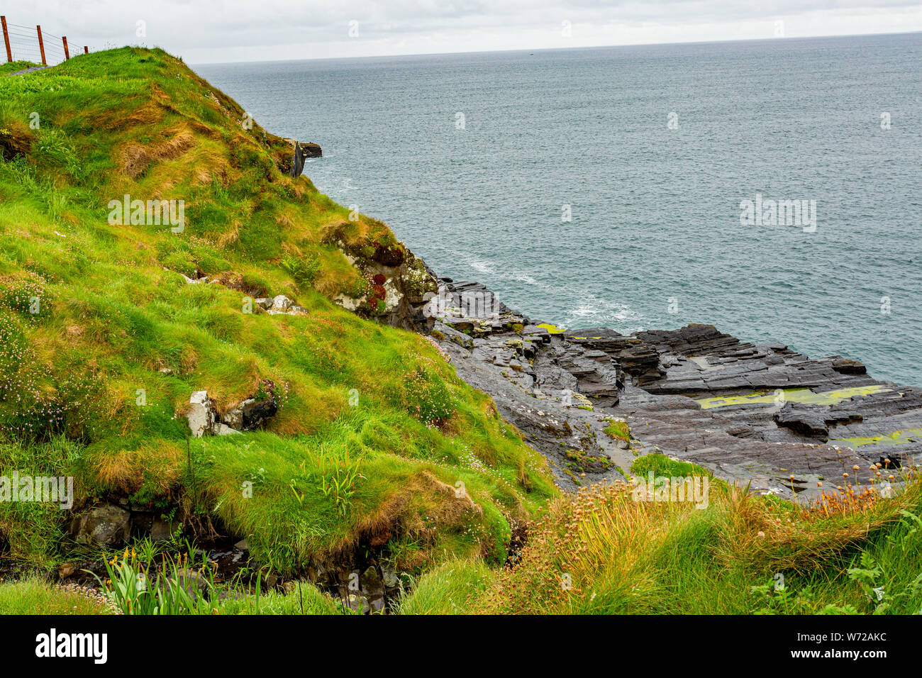 Irish countryside with grass green, limestone rocks and the sea in the ...