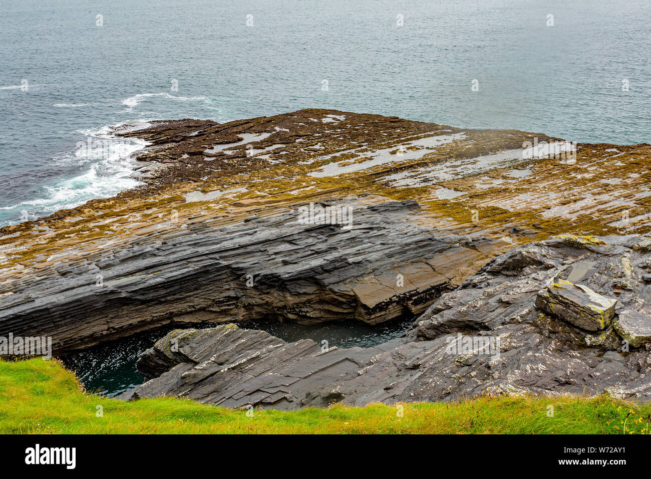 View of limestone pavement and moss by the sea along the coastal walk ...