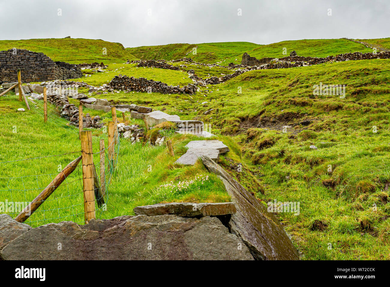 Irish countryside with ruins of a house and stone fences in of the ...