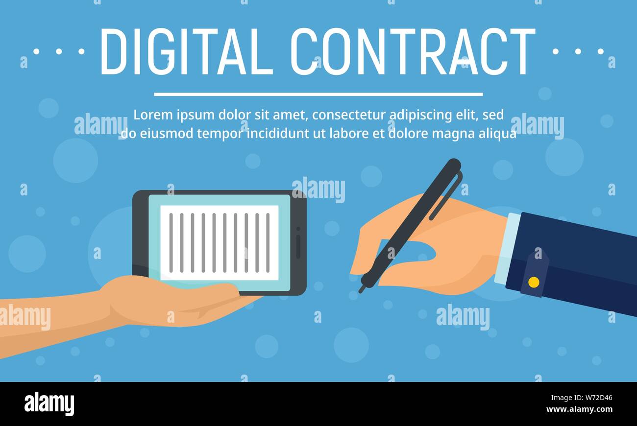 Digital contract device concept banner. Flat illustration of digital ...