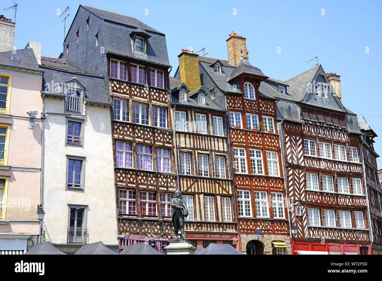 RENNES, FRANCE -23 JUL 2019- Colorful medieval Normandy-style buildings ...