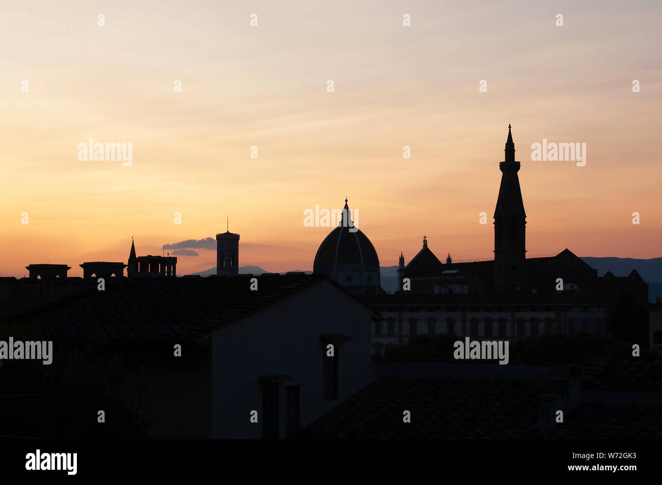 View of Florence sihouettes of landmarks from top view at sunset in ...