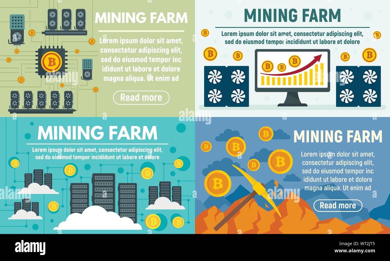 Mining farm banner set. Flat illustration of mining farm vector banner ...