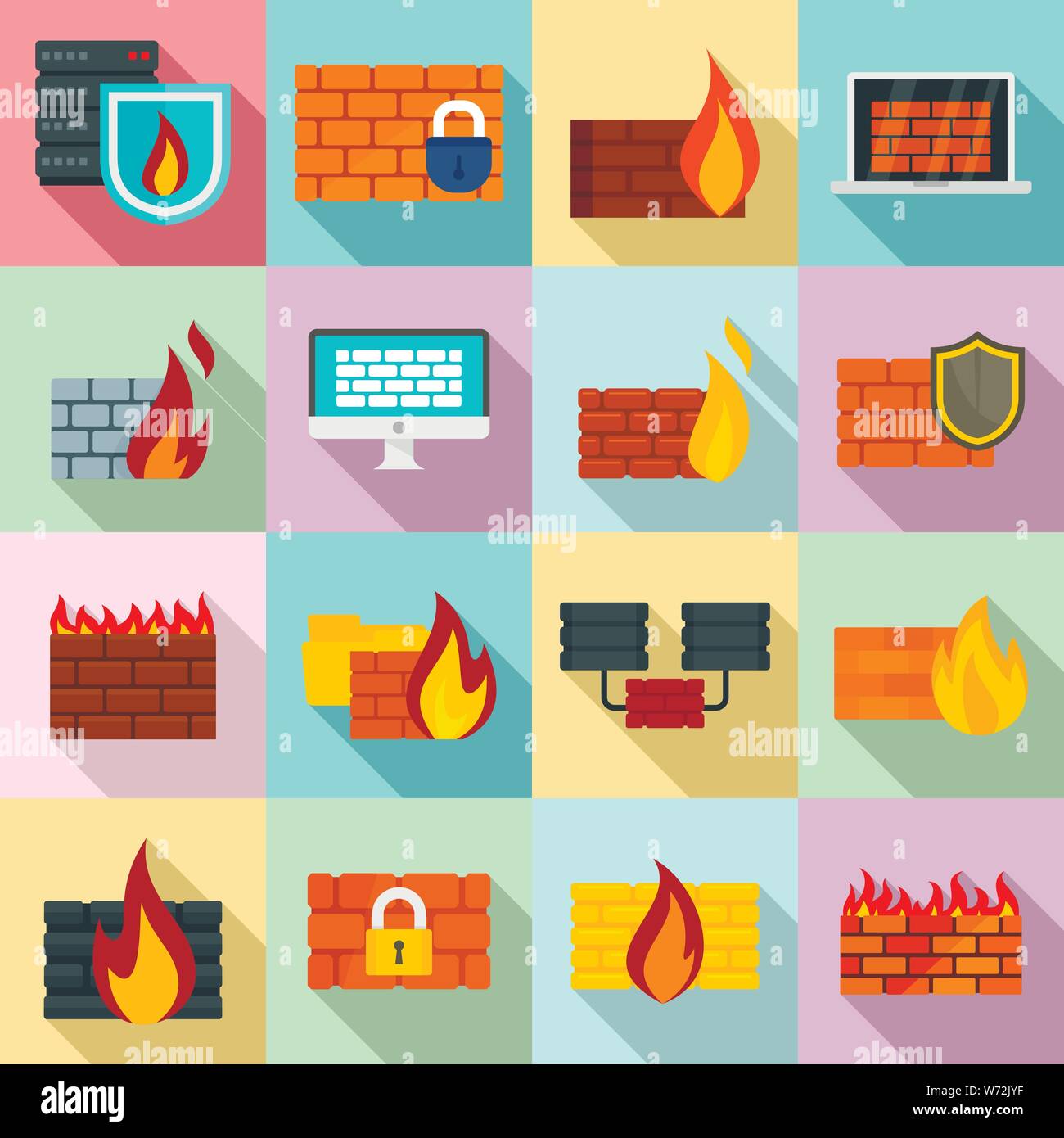 Firewall icons set. Flat set of firewall vector icons for web design ...