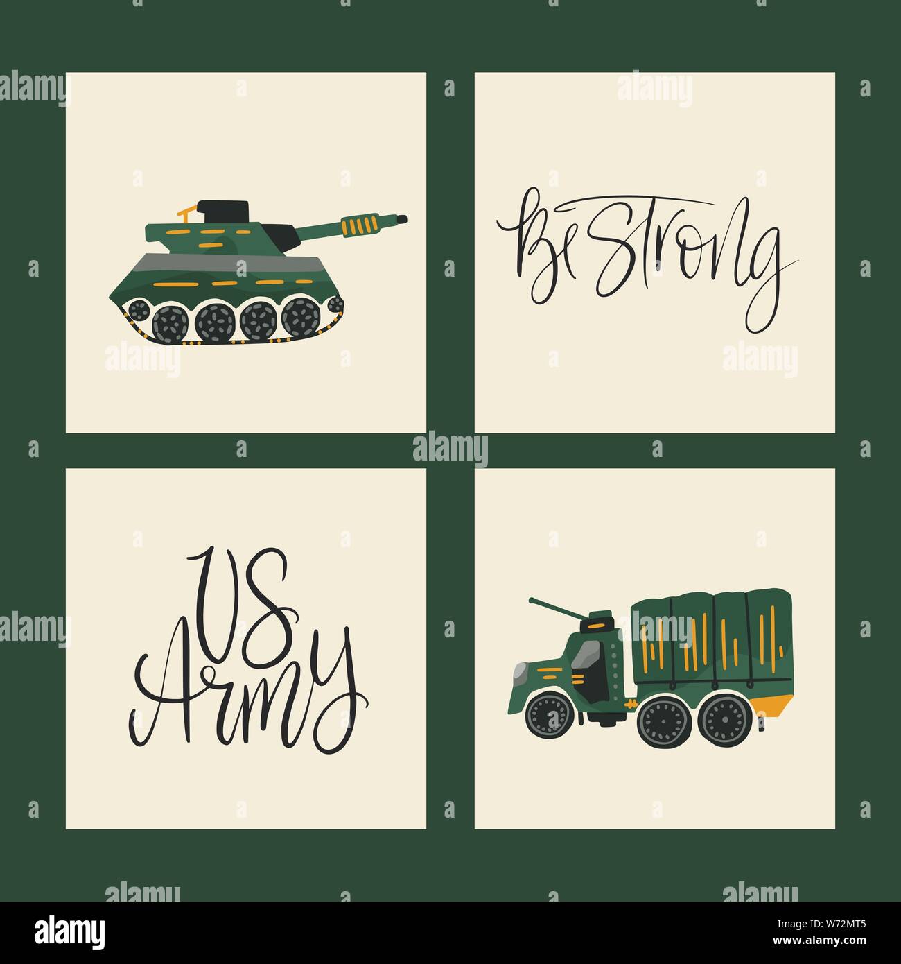 Military vector illustrations. Army cards with flat illustrations of ...