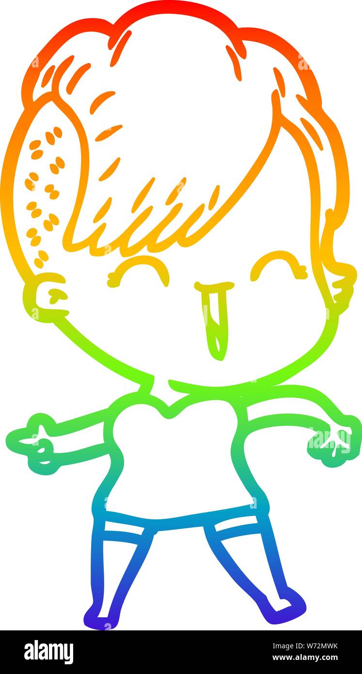 rainbow gradient line drawing of a cartoon happy hipster girl Stock ...