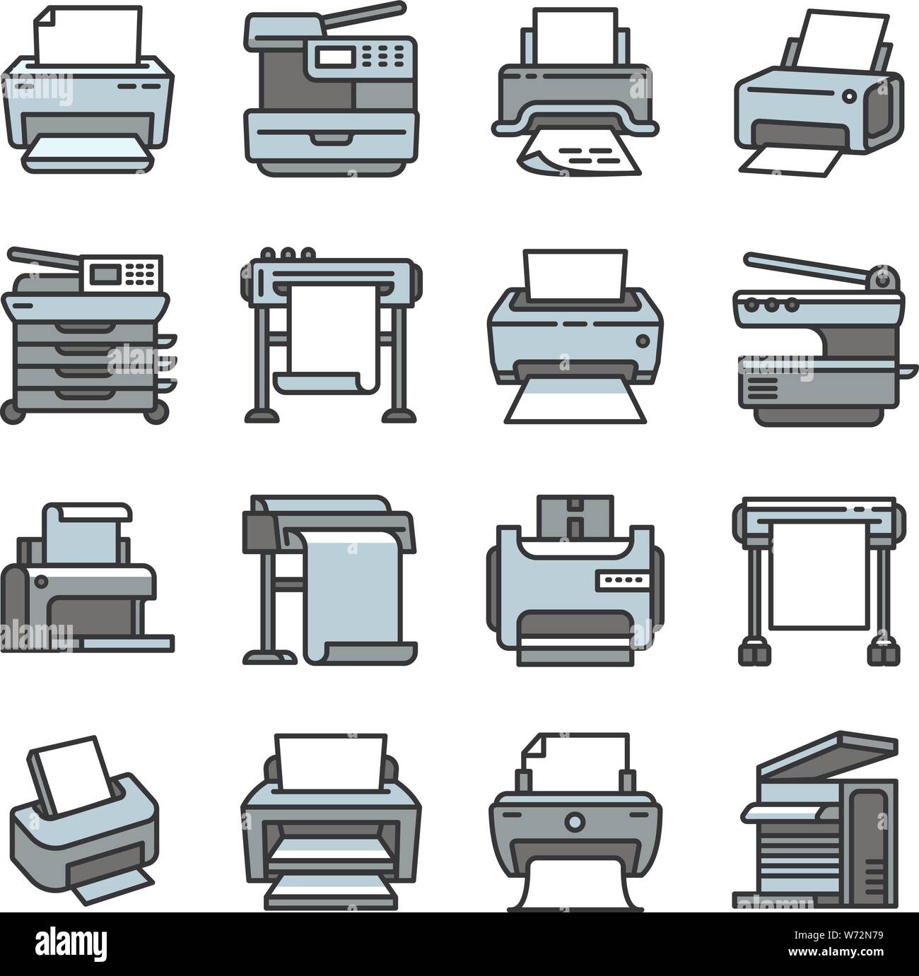 Printer icons set. Outline set of printer vector icons for web design ...
